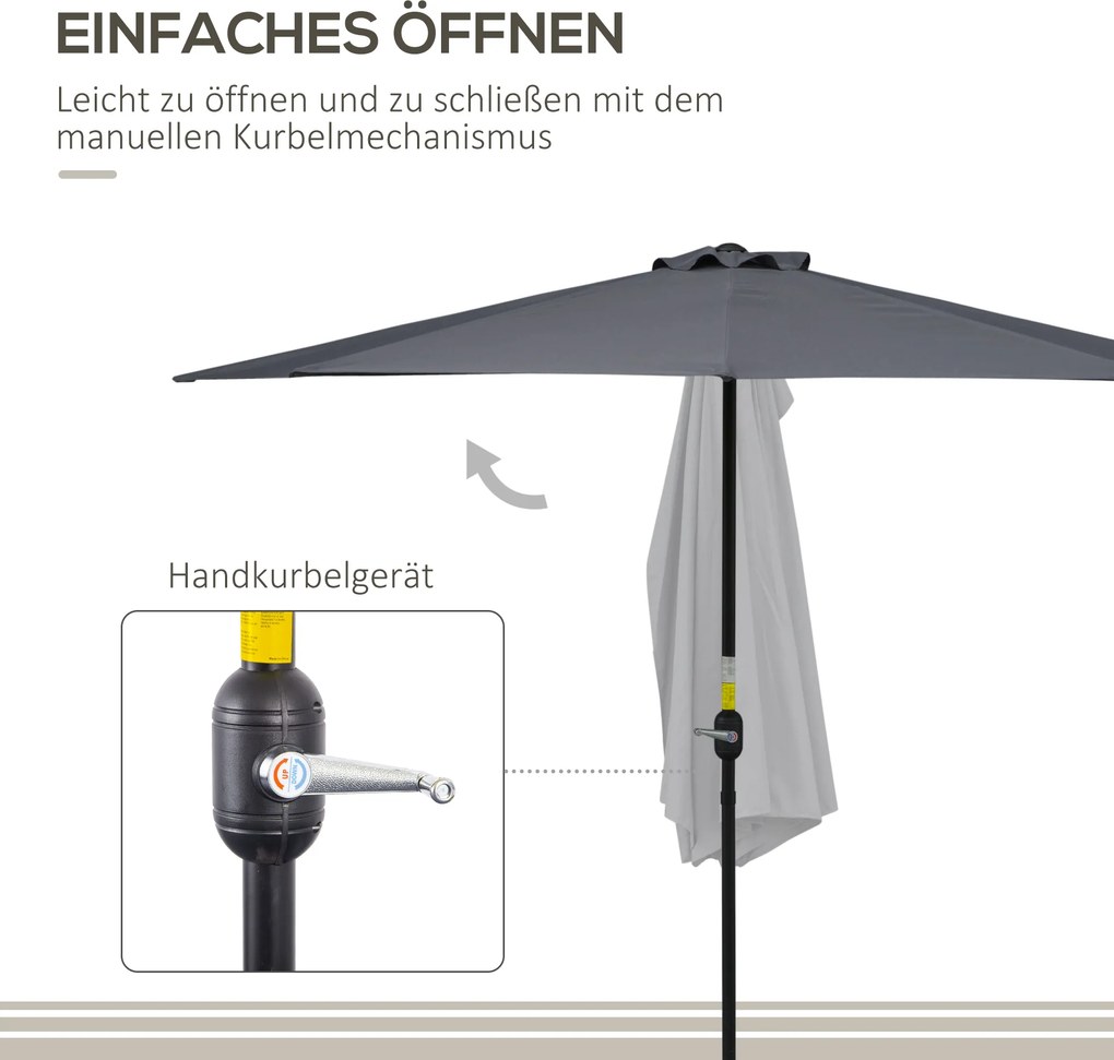 Outsunny Slunečník s kličkou Zahradní slunečník Slunečník Market, kovový, půlkruhový, šedý+černý | Aosom