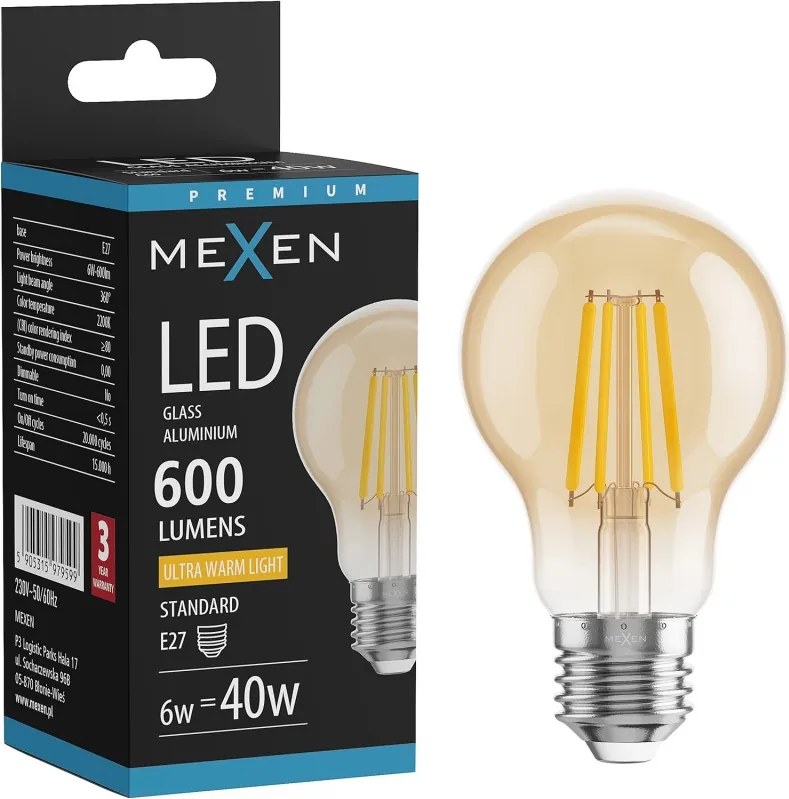 Mexen Vintis, LED filamentová žárovka E27, A60, 6 W, teplá bílá 2200K, jantarová, L150-E27-0622-50