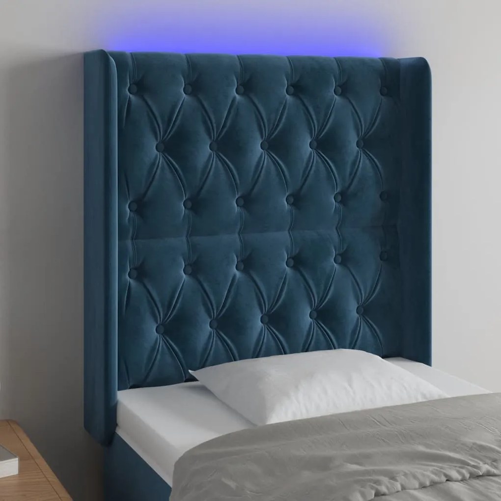Čelo postele s LED tmavě modré 83 x 16 x 118/128 cm samet 3124418