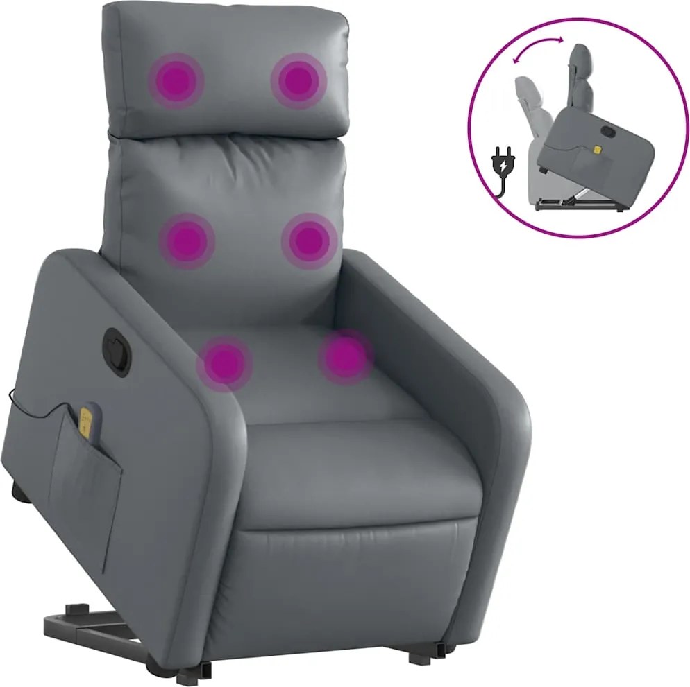 Zvedací masážní polohovací křeslo šedé umělá kůže 3206759