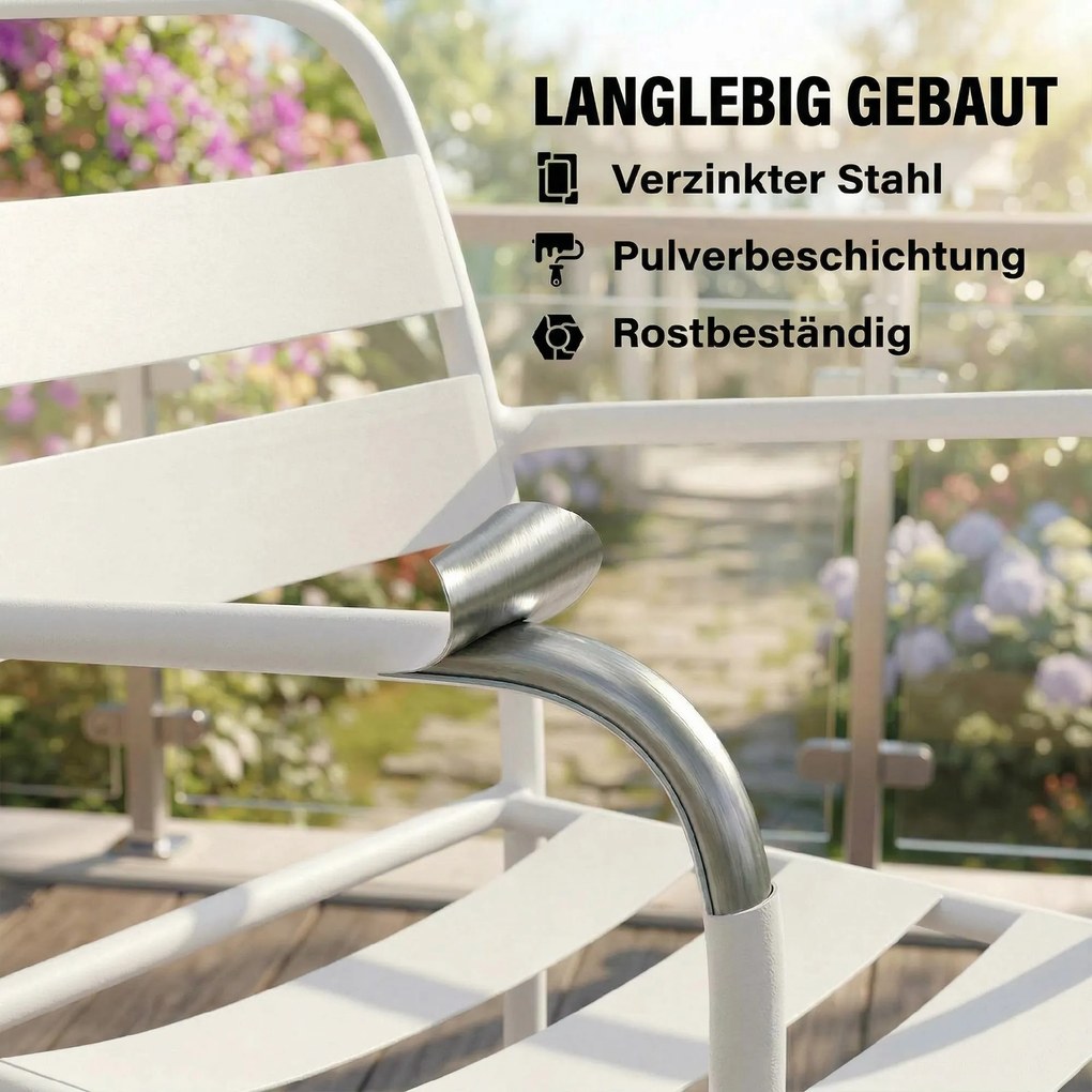 Outsunny Bistro set 3dílná sada kovového zahradního nábytku se 2 zahradními židlemi, skleněný stůl, lamelový design, odolný proti korozi