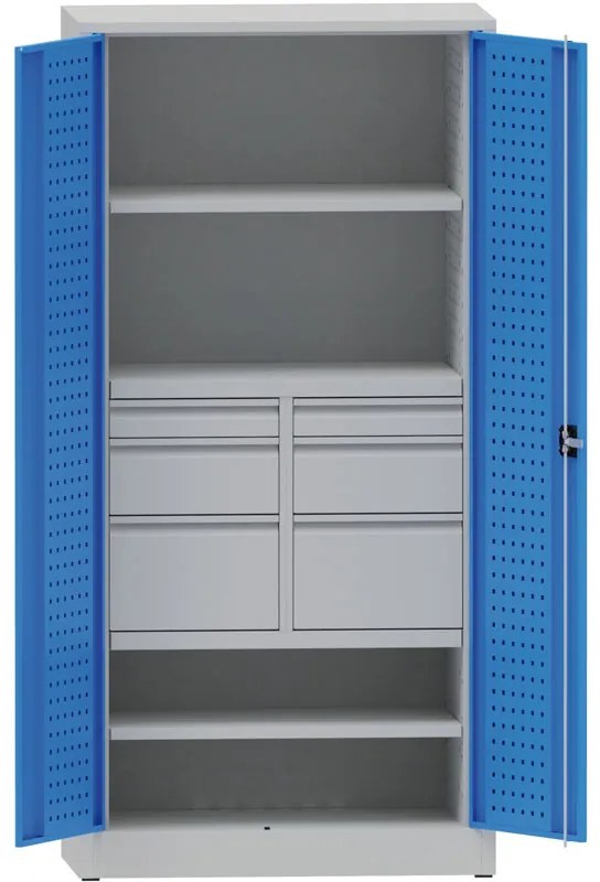 Dílenská kovová skříň na nářadí KOVONA, 2 police, 6 zásuvek, svařovaná, nosnost 50 kg, 950 x 500 x 1950 mm