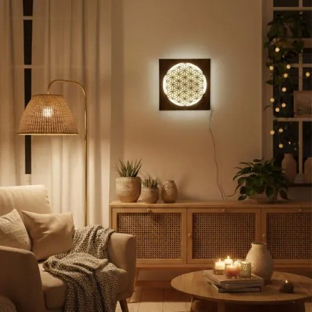 Dřevěná mandala Květ života s LED podsvícením obraz na zeď | SENTOP LED0168