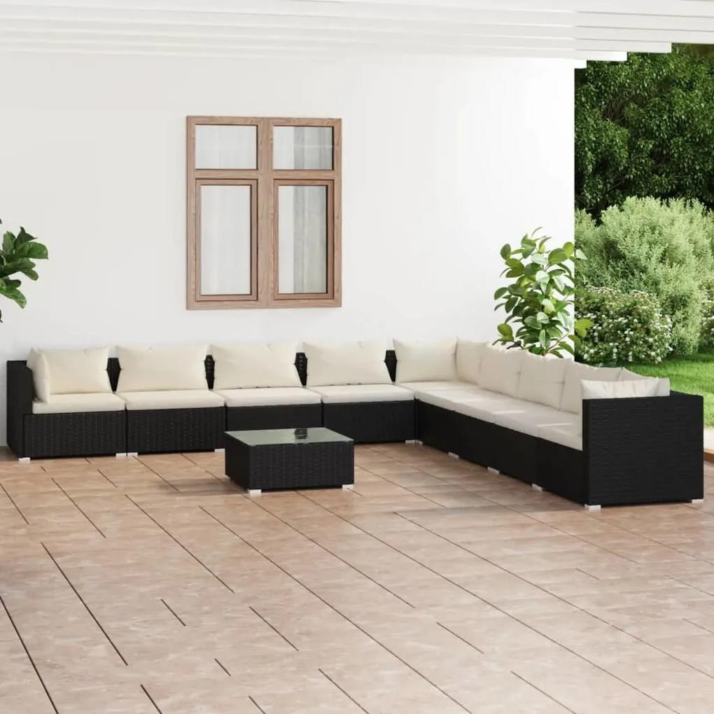 vidaXL 10dílná zahradní sedací souprava s poduškami polyratan [3101797] Barva: Černá a krémová