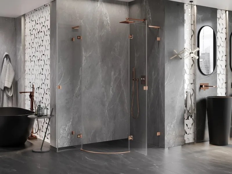 Mexen Lunar, L půlkruhový sprchový kout naklápěcí vpravo 80 x 70 cm, 8mm čiré sklo, profil měděná matná, 833L-080P-070L-65-00
