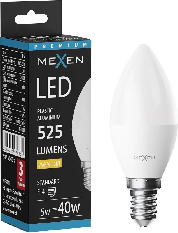 Mexen Nova, LED žárovka E14, C37, 4W, teplá - 3000K, 420 lm - L102-E14-0430-01