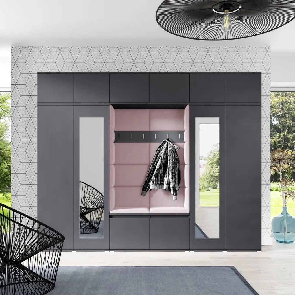 Eka Předsíňová stěna s čalouněnými panely Trinity 17 - Grafit / Světlá růžová 2319