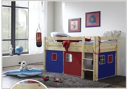 Dětská vyvýšená postel Domeček přírodní, modro červená barva 200x90 cm