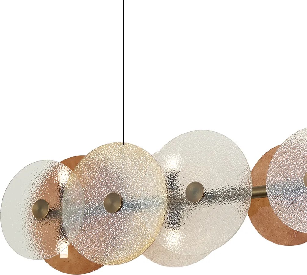 Art Deco závěsná lampa bronzová s jantarovým sklem, 8 světel - Text