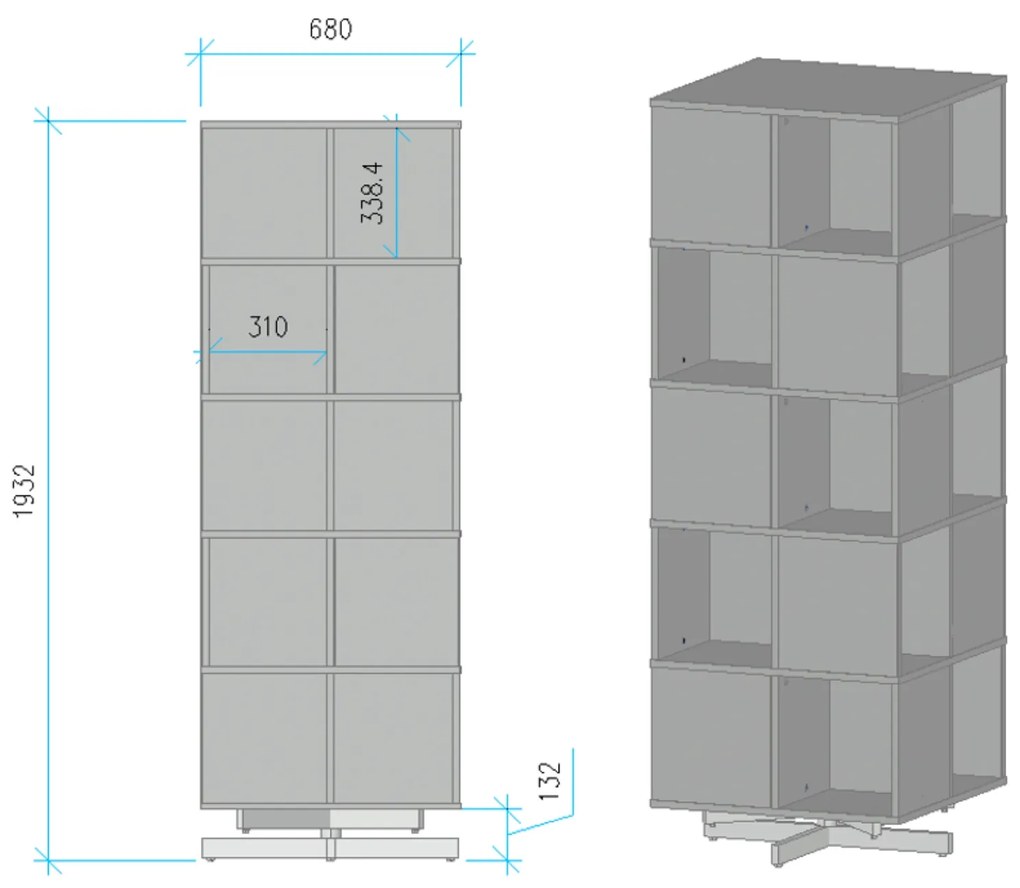 Otočný regál, 680×680×1932 mm, 4x 5 oddílů, dub přírodní