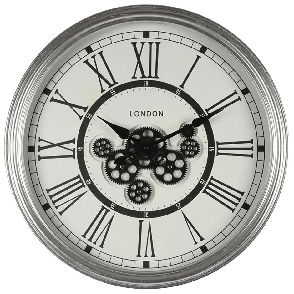 Stříbrné antik nástěnné hodiny s ozubenými kolečky London - Ø 60*10 cm