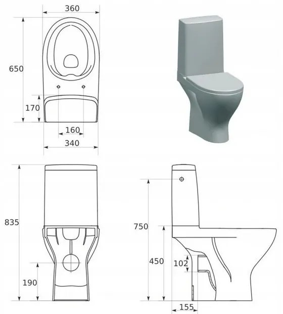 Cersanit Moduo - WC Kombi zadní odpad 3/5 CLEAN ON+WC sedátko SC duroplast SLIM, Bílá, K116-029