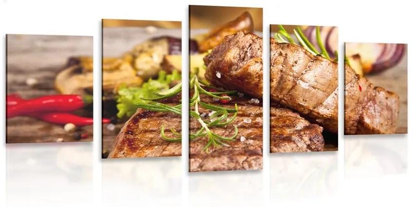 5-dílný obraz grilovaný hovězí steak - 200x100 cm