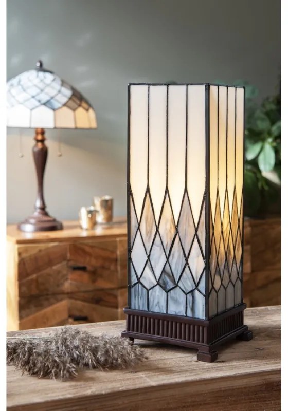 Stolní lampa Tiffany Krisoijn šedá art deco ve tvaru hranolu – 17x17x43 cm