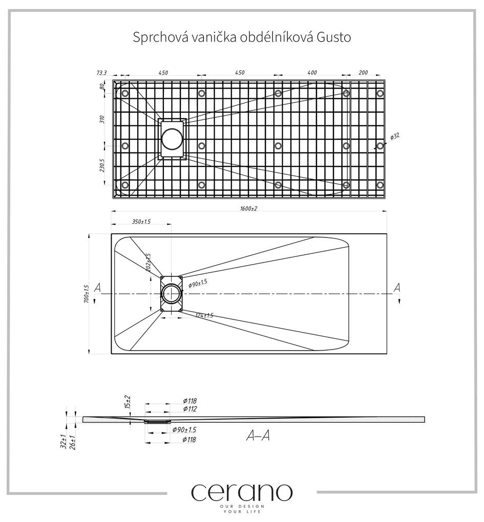 CERANO - Sprchová vanička obdélníková Gusto - černá matná - 160x70 cm
