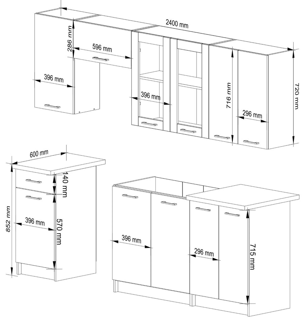 Kuchyňská linka Olivie 2,4 m H720 prosklená bílá/dub sonoma