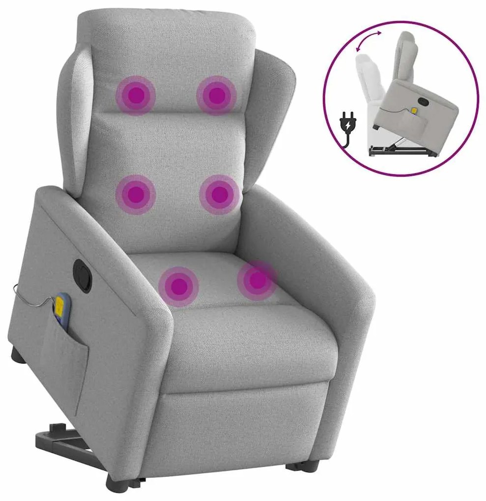 Zvedací masážní polohovací křeslo obláčkově šedé textil 3303153