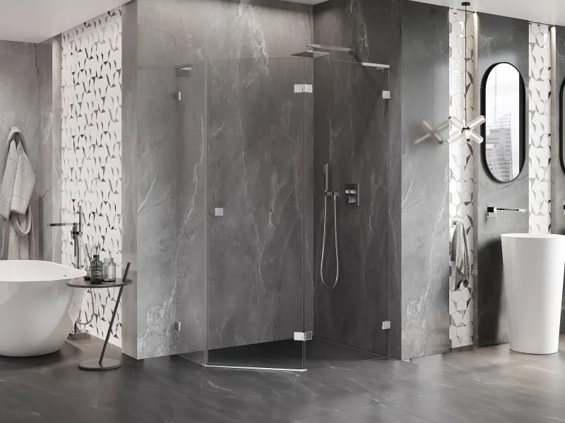 Mexen Lunar, L sklopný pětiúhelníkový sprchový kout pravý 100 x 80 cm, 8mm čiré sklo, chromový profil, 831L-100P-080L-01-00-P