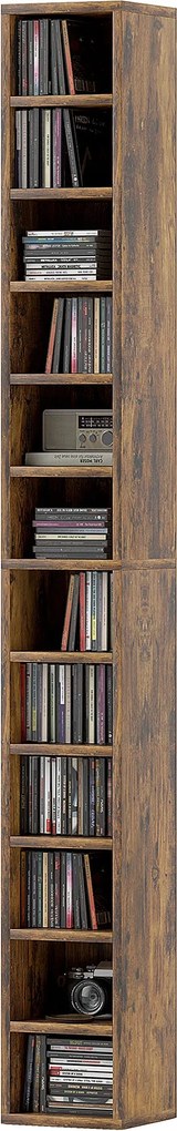 HOMCOM stojan na CD/DVD, vysoký regál se 12 přihrádkami, pojme až 204 disků, rustikální hnědá — 175 × 21 × 20 cm
