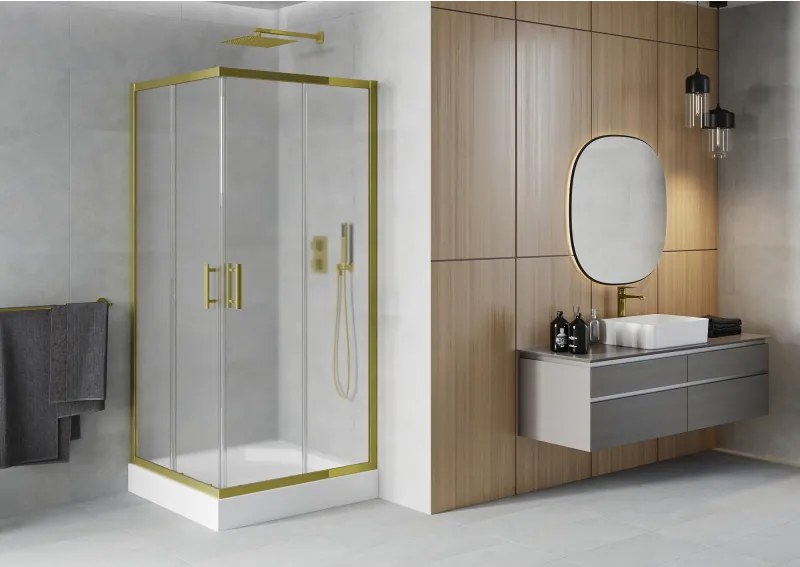 Mexen Rio, čtvercový sprchový kout s posuvnými dveřmi 90 (dveře) x 90 (dveře) x 190 cm, 5mm sklo námraza, zlatý profil + bílá sprchová vanička RIO, 860-090-090-50-30-4510