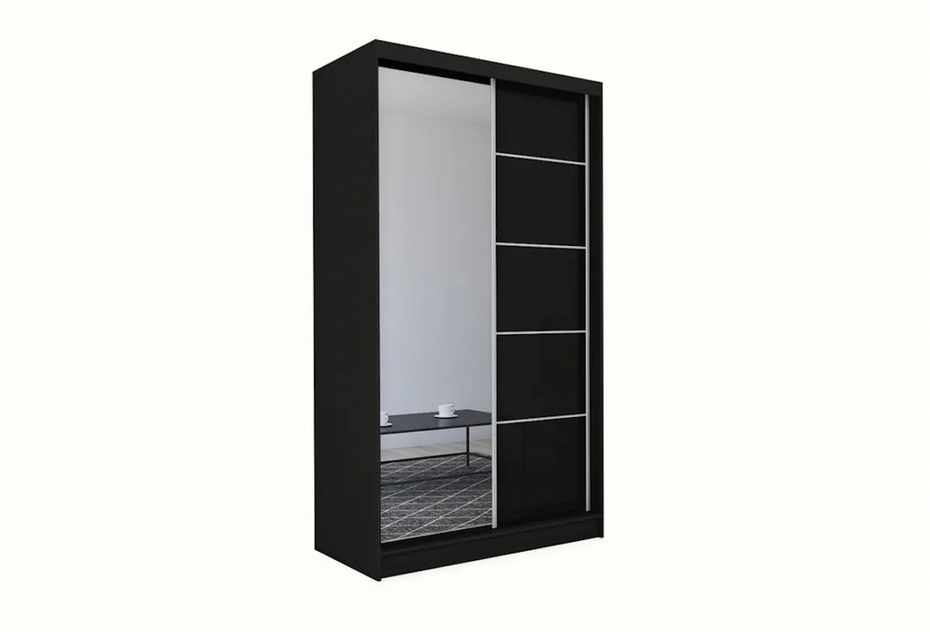 Expedo Skříň s posuvnými dveřmi a zrcadlem ELVIRA + Tichý dojezd, černá, 150x216x61