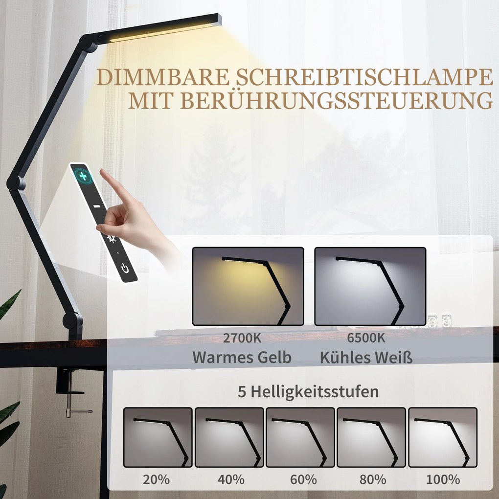 HOMCOM Stolní lampa, nastavitelná jas a barva, kovová svorka, 96 LED, černá
