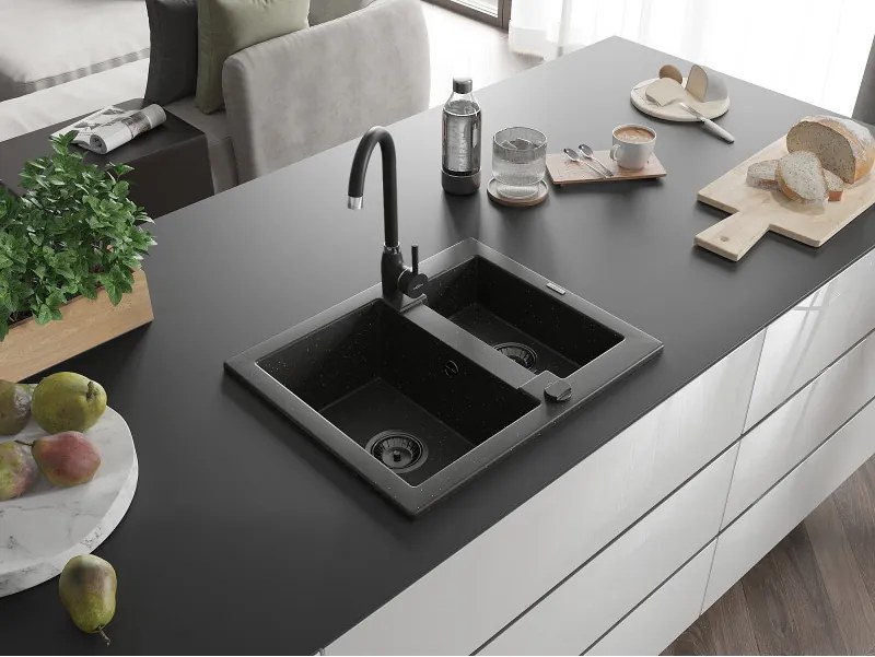 Mexen Carlos, granitový doez 582x475x177 mm, 1,5-komorový, eerná-zlatá metalíza s eerným sifonem, 6518581500-75-B