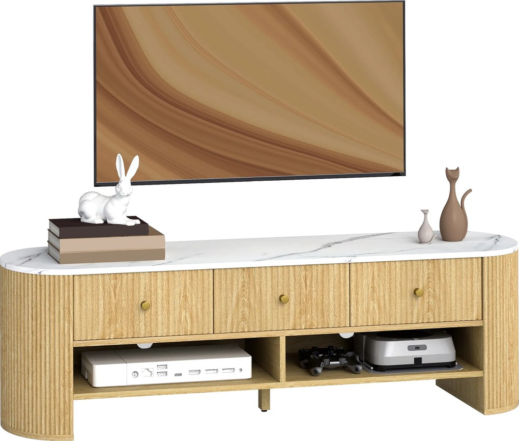 HOMCOM TV skříň 140 cm, televizní nábytek pro 65palcové televize s mramorovým efektem, 3 drážkované čelníky zásuvek, efekt přírodního dřeva