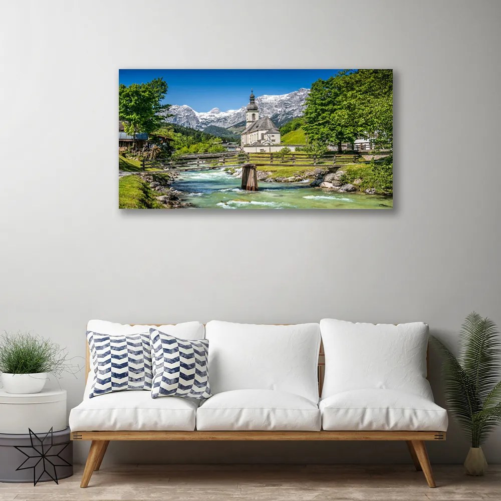 Obraz na plátně Kostel Most Jezero Příroda 140x70 cm