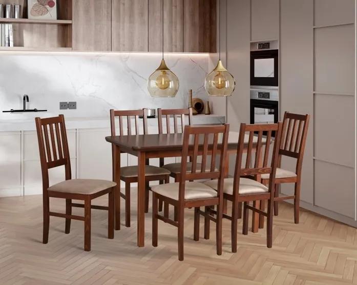 Drewmix jídelní sestava DX 6 odstín lamina (deska stolu) olše, odstín dřeva (židle + nohy stolu) ořech, potahový materiál látka