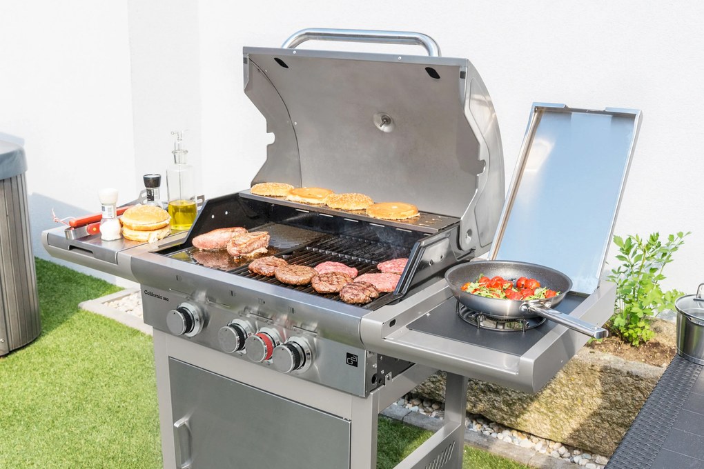 Plynový gril CALIFORNIA BBQ, 4 hořáky, s redukčním ventilem, stříbrná Penta CZ