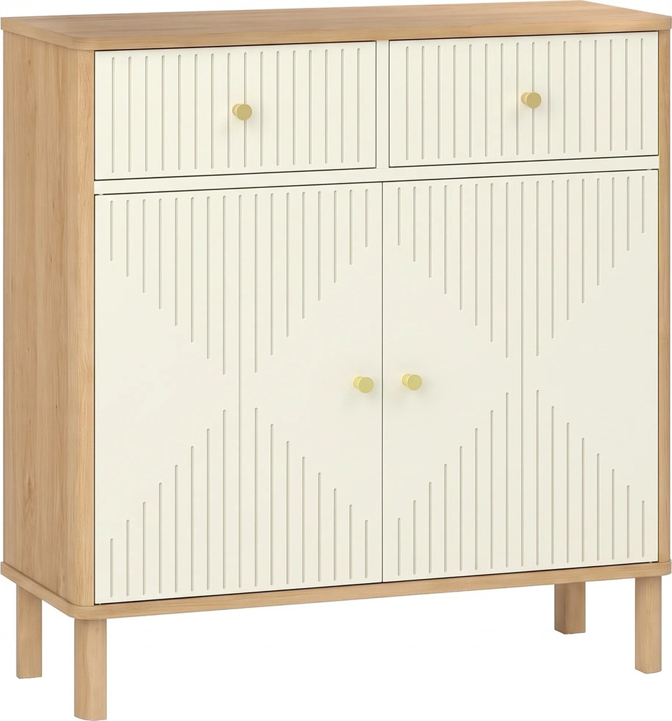 HOMCOM Bufet, rýhovaný úložný nábytek s deskou v dubovém vzhledu, 2 zásuvky, 2 dveře, nastavitelná police, 77x30x80 cm, krémová