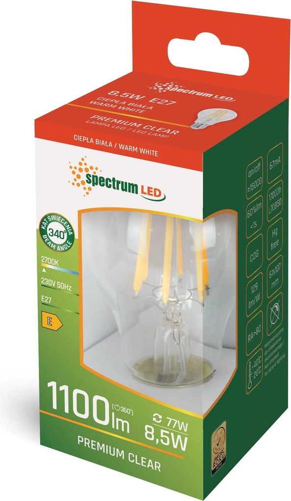 Spectrum LED Spectrum LED, LED žárovka GLS E-27, 8,5W, 2700K, 1100lm, WOJ+14595, OSW-01146