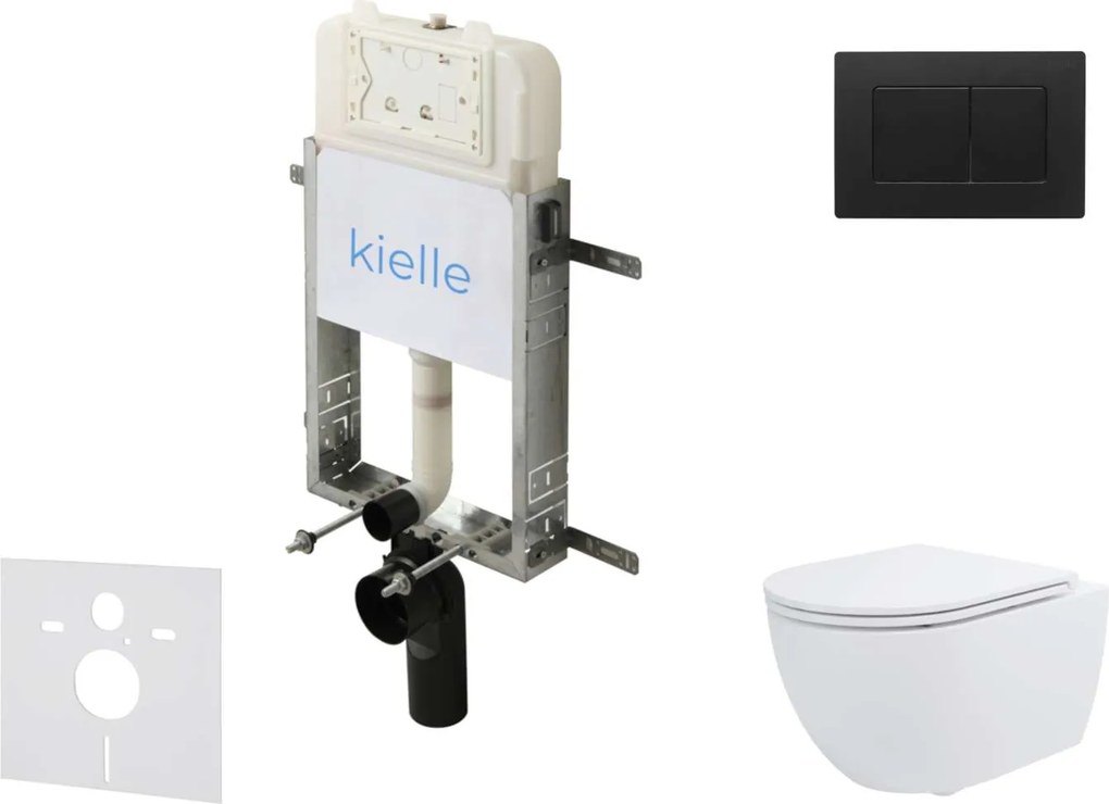 kielle Genesis New - Set předstěnové instalace, klozetu Oudee, Vortex Rimless+, sedátka softclose a tlačítka Gemini New III, matná černá 30502SZ09