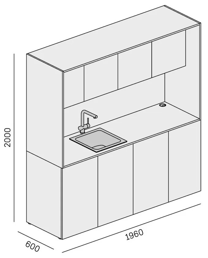 PLAN Kuchyňka NIKA se dřezem a baterií 1963 x 600 x 2000 mm, šedá, levé