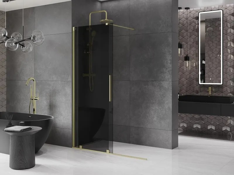Mexen Velar, sprchová zástěna s posuvnými dveřmi Walk-in 150 x 200 cm, 8mm šedé sklo, zlatá matná, 871-150-000-43-55