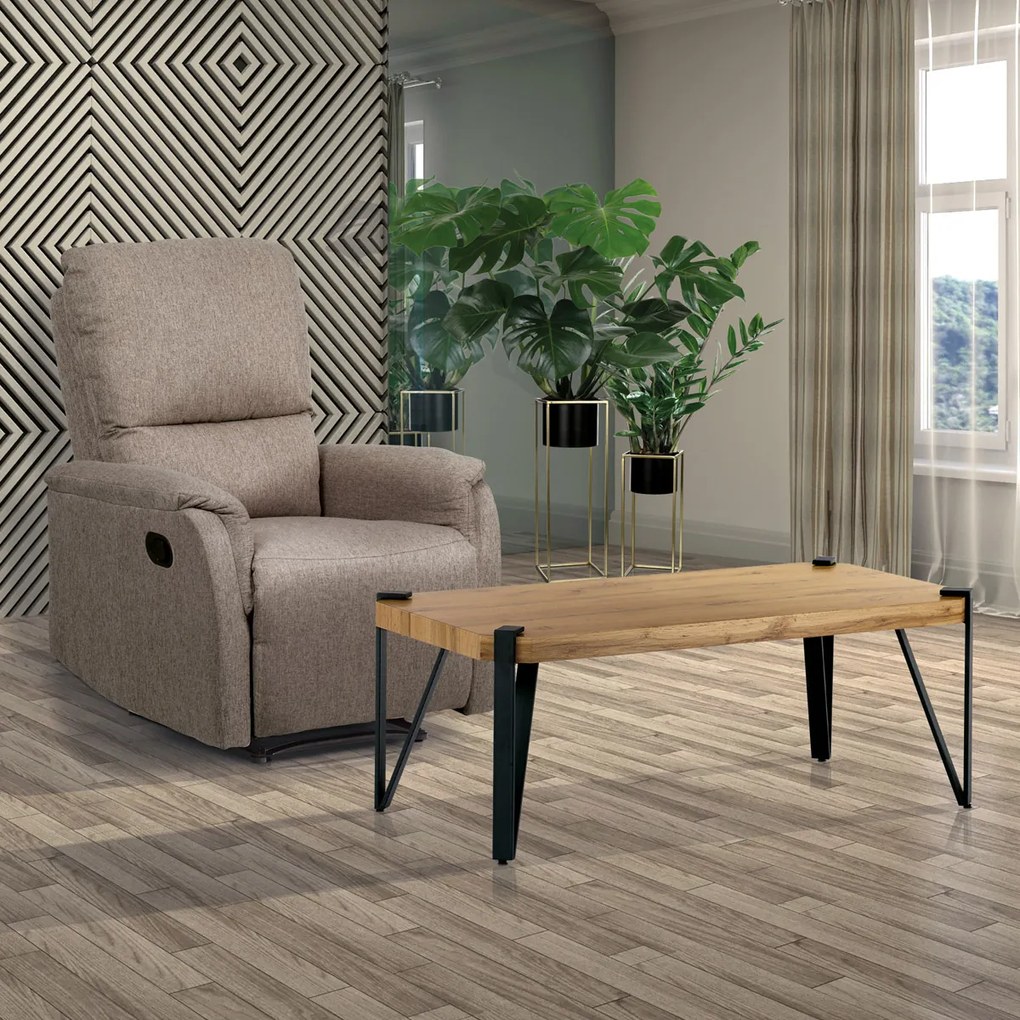 Konferenční stolek AHG-260 OAK, 110x60 cm, deska MDF, dekor divoký dub, nohy kov černý mat