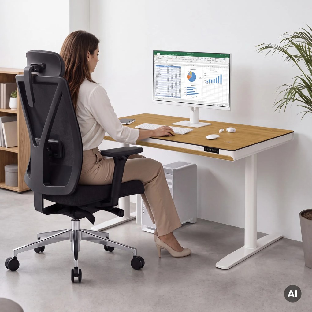 Elektrický psací stůl sit-stand se zásuvkou a bezdrátovou nabíječkou Qi bílý/zlatý dub, 1200 mm: ELLIS