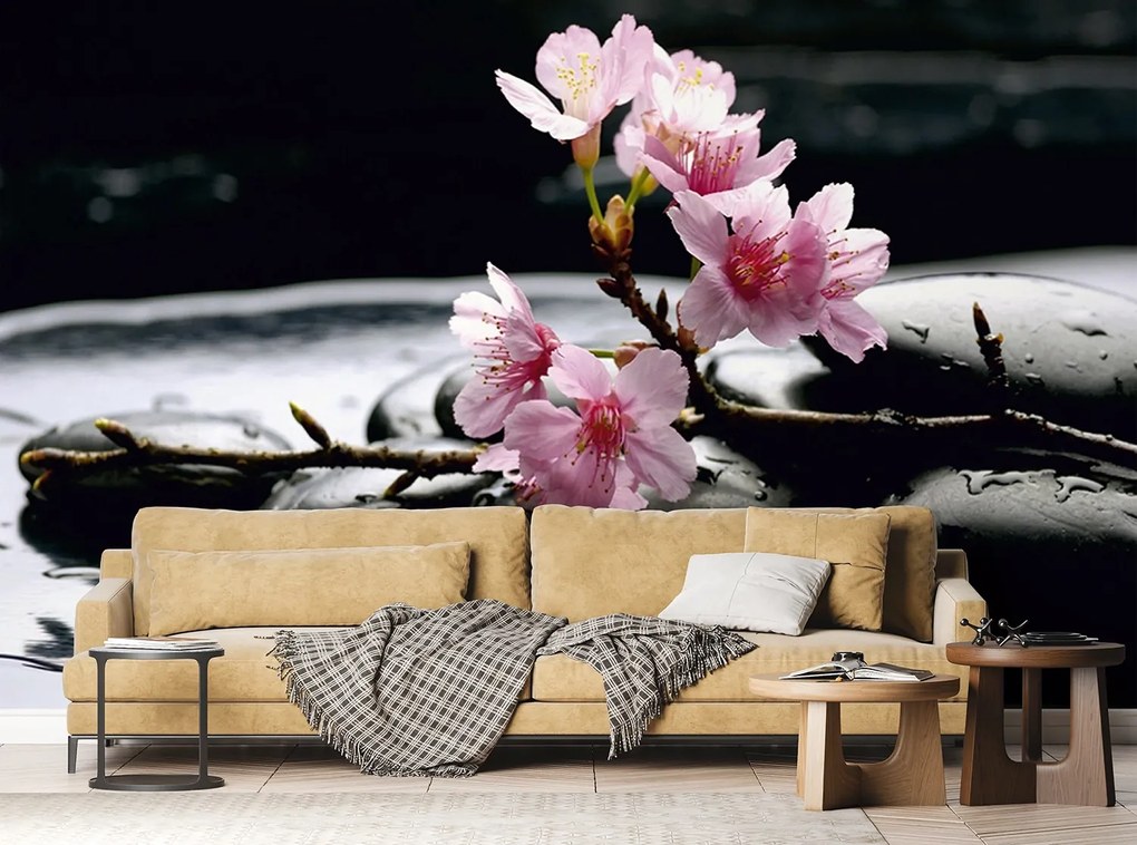 Fototapeta na míru Květy Sakury na Lávových Kamenech | Vliesová fototapeta na zed' | DFTNS2460