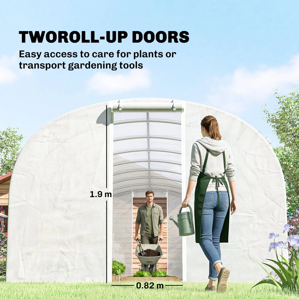 Outsunny tunelový skleník 24 m² — pozinkovaný ocelový rám, rolovací dveře a 2 velká síťovaná okna, plachta 140 g/m², bílá