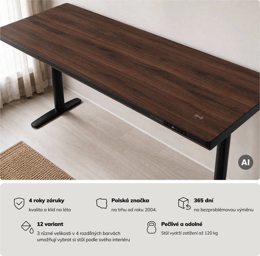 Elektrický psací stůl sit-stand se zásuvkou a bezdrátovou nabíječkou Qi černý/ořech, 1600 mm: ELLIS