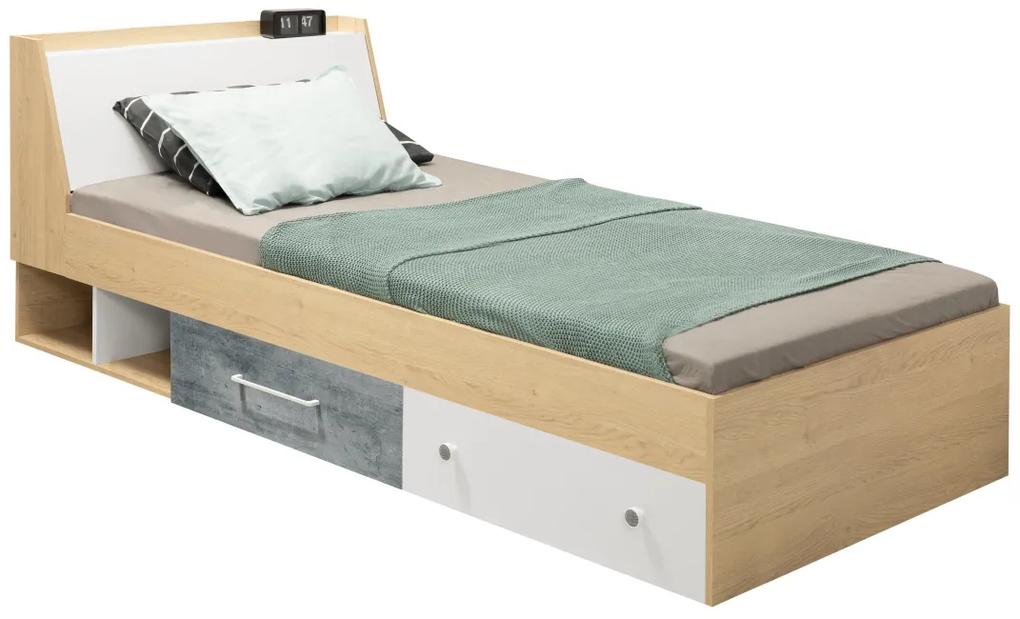 Studentská postel 120x200cm Barney - dub/šedá/bílá