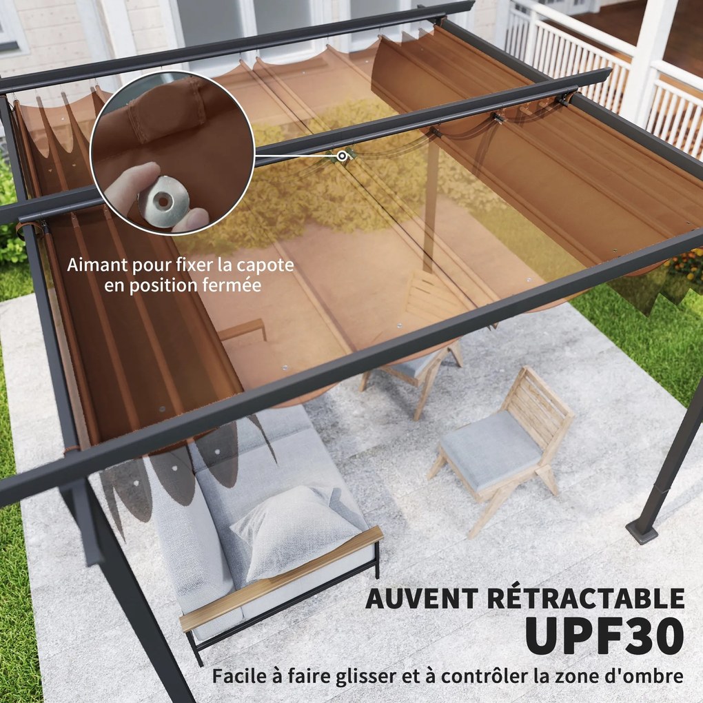 Outsunny Zahradní Pergola 3 x 3m s Retrakovatelnou Markýzou, Vysoce Hustý Polyester 180g/m², UPF30+ Sluneční Zastřešení pro Terasu, Patio, Zahradu, Hn