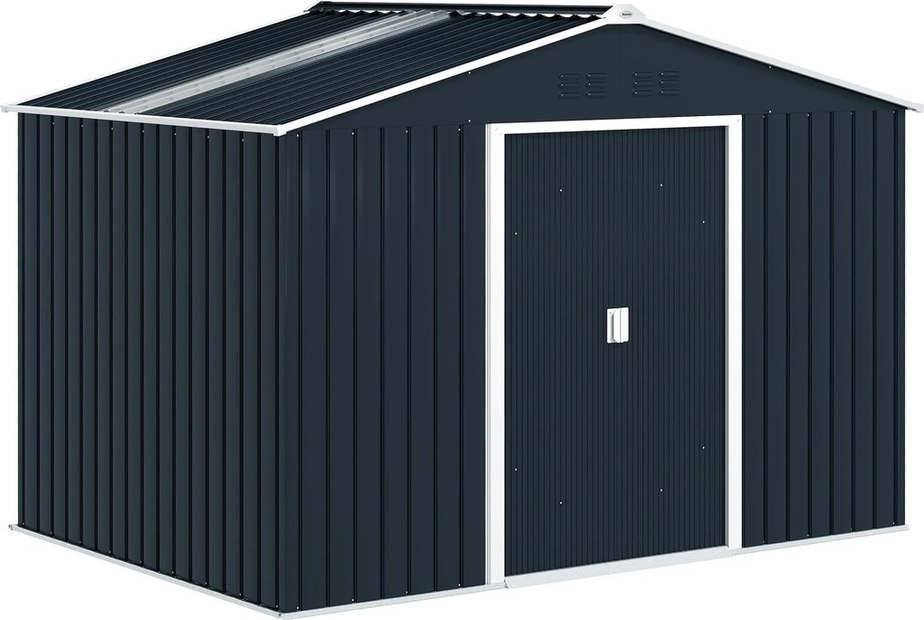 Skl storage shed Outsunny 4,9 m², zahradní kůlna s pultovou střechou, posuvné dveře, základna, 277 x 195 x 192 cm, kůlna na nářadí z pozinkované oceli