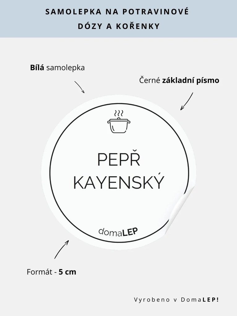 Samolepka na kořenky PEPŘ KAYENSKÝ bílá 5 cm základní písmo