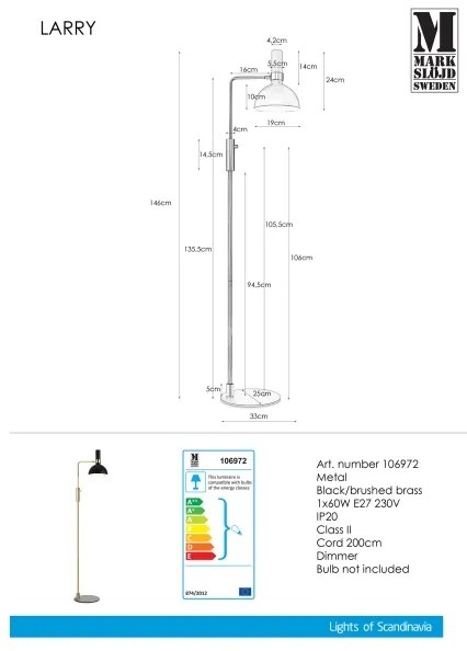 Markslöjd 106972 - Stmívatelná stojací lampa LARRY 1xE27/60W/230V černá/zlatá