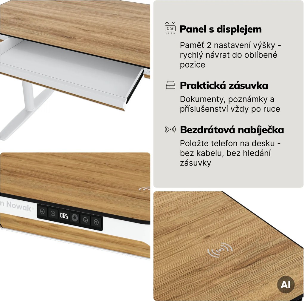 Elektrický psací stůl sit-stand se zásuvkou a bezdrátovou nabíječkou Qi bílý/zlatý dub, 1600 mm: ELLIS