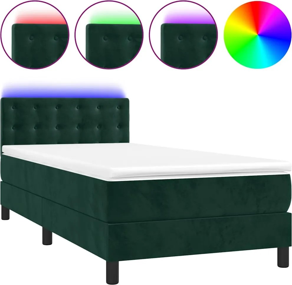 Box spring postel s matrací a LED tmavě zelená 90x200 cm samet 3134624