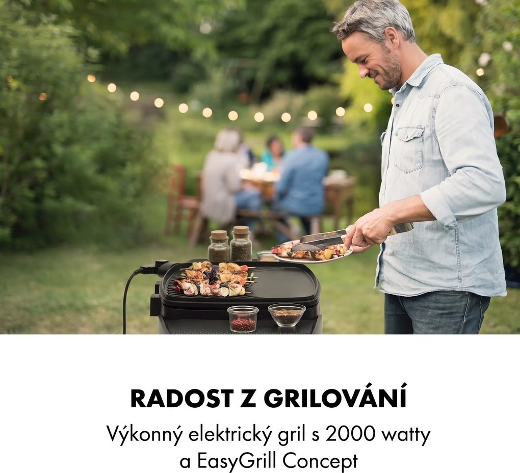 Klarstein Gatsby, elektrický gril, 2000 W, nepřilnavá grilovací plocha, boční stolky, černý