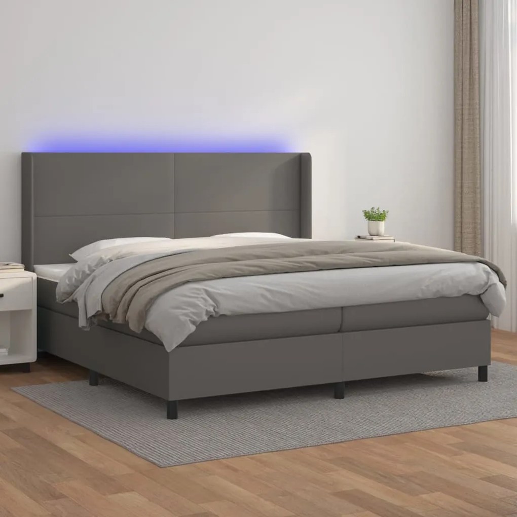 Box spring postel s matrací a LED šedá 200x200 cm umělá kůže 3139287
